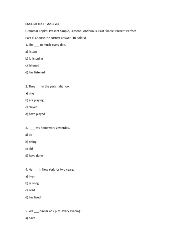 A2 Level English Test: Grammar & Writing | PDF