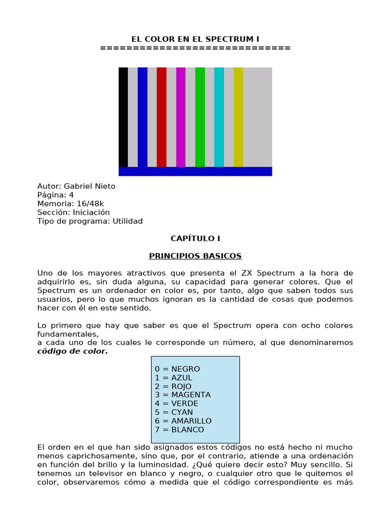 Colores en ZX Spectrum: Guía Básica | PDF | Color | Cian