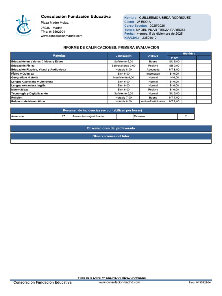 Informe de Calificaciones 2º ESO-A | PDF