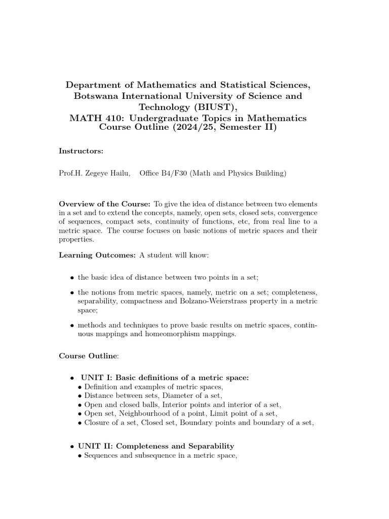 MATH 410: Metric Spaces Course Outline | PDF | Mathematical Analysis ...