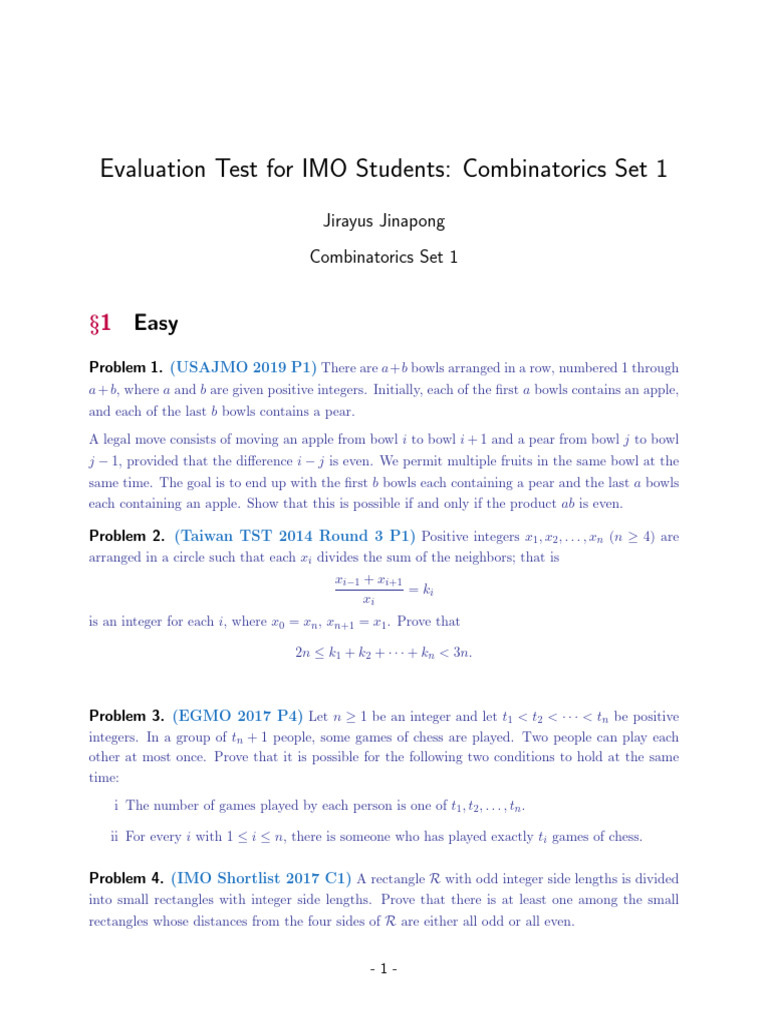 IMO Combinatorics Evaluation Test 1 | PDF | Number Theory ...