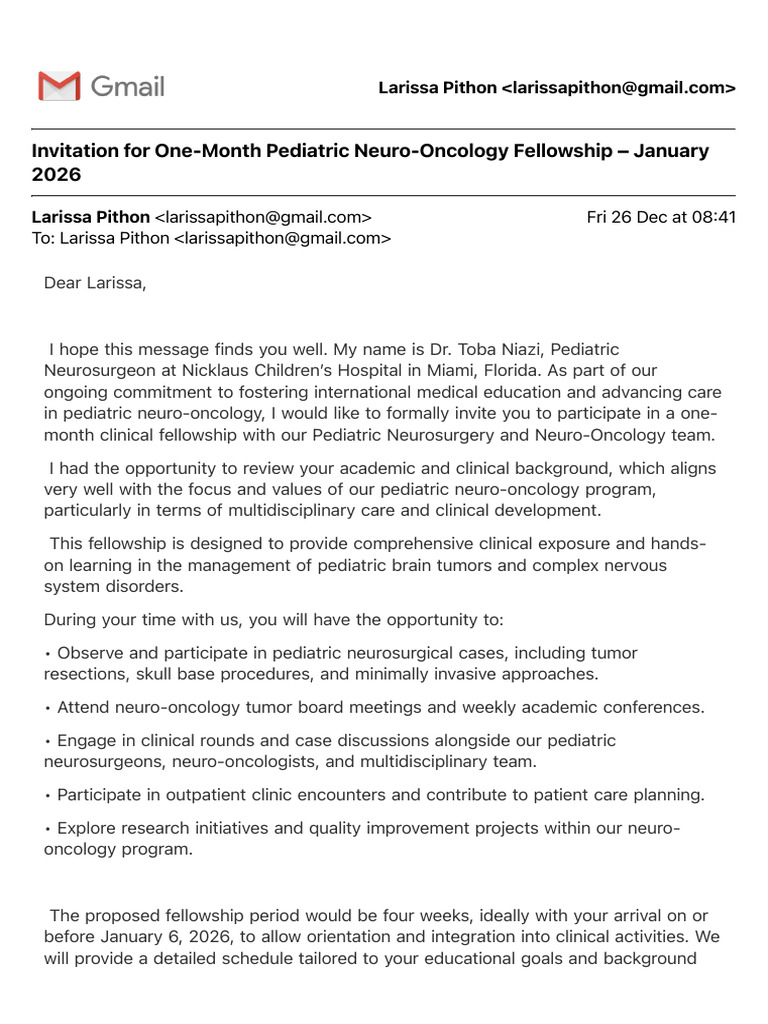 Invitation For One-Month Pediatric Neuro-Oncology Fellowship - January ...