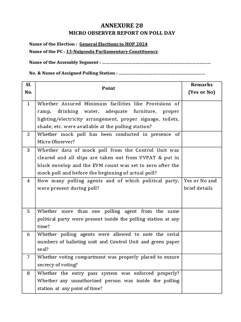 Micro Observer Report on Poll Day_ANNEXURE 28 | PDF | Absentee Ballot ...