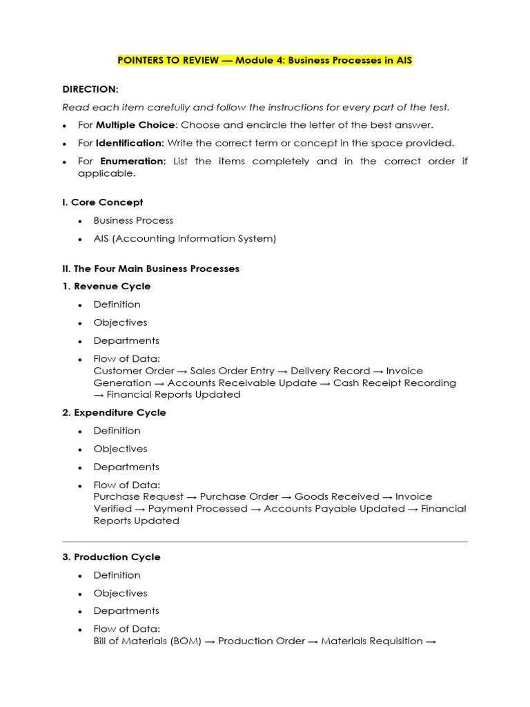 POINTERS to REVIEW - Module 4-Business Processes in AIS | PDF