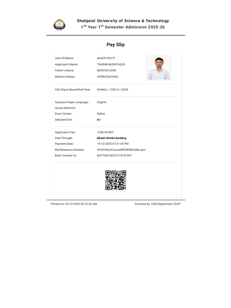SUST Admission Pay Slip 2025-26 | PDF