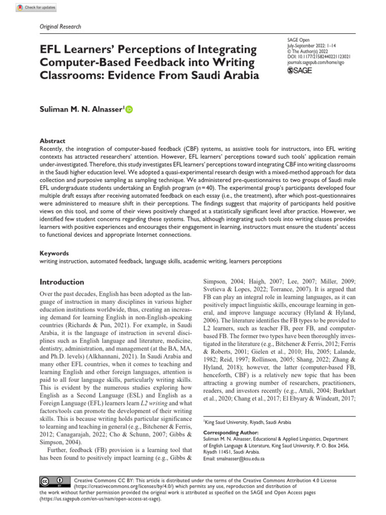 Alnasser 2022 Efl Learners Perceptions of Integrating Computer Based ...