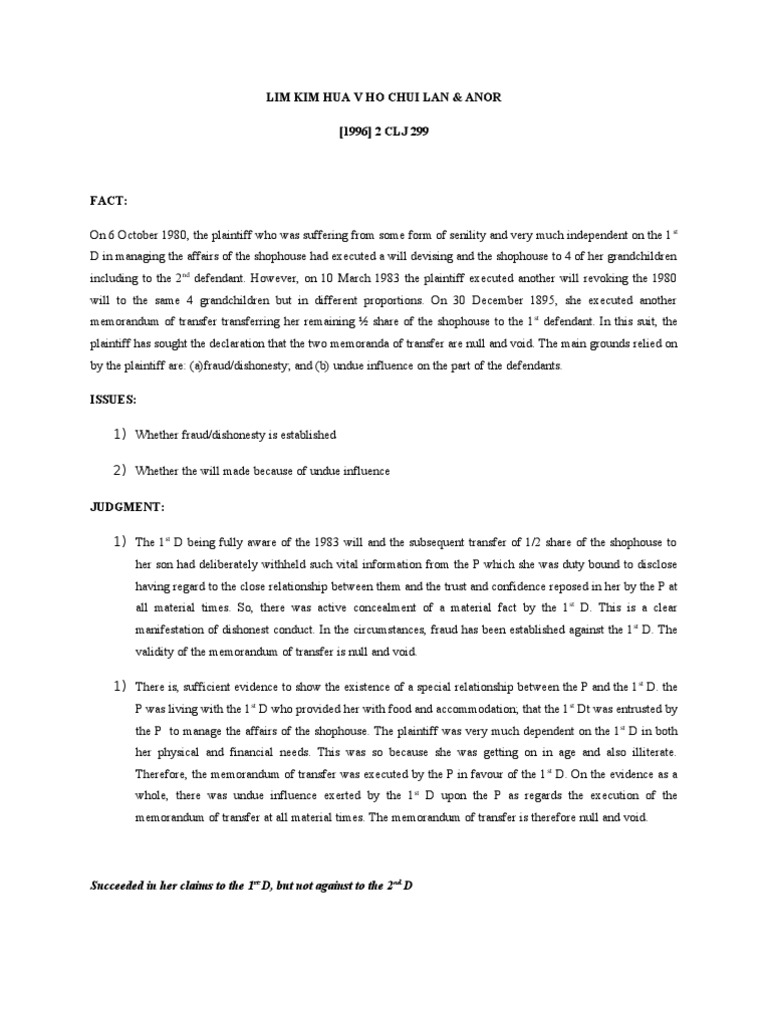 Lim Kim Hua v Ho Chui Lan: Undue Influence | PDF