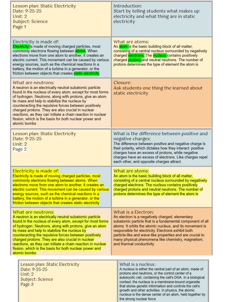 Static Electricity Lesson Plan | PDF | Atoms | Atomic Nucleus