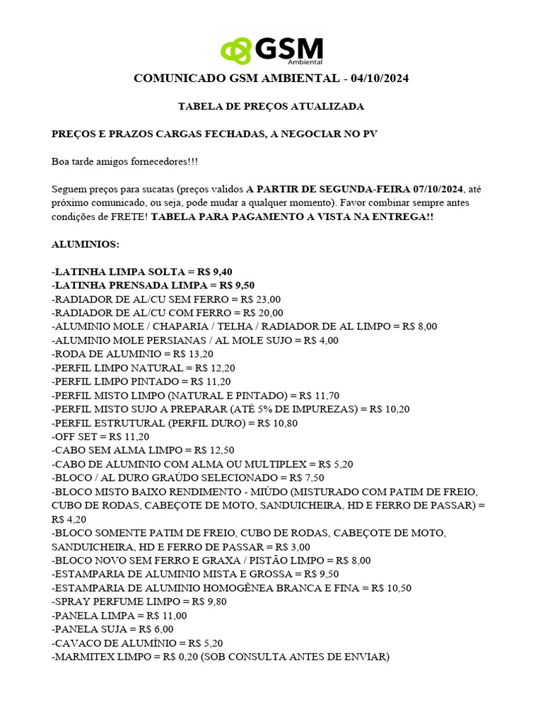 TABELA GSM EM 04-10-2024 - TABELA A VISTA | PDF