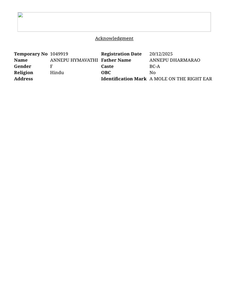 Acknowledgment of Registration Details | PDF