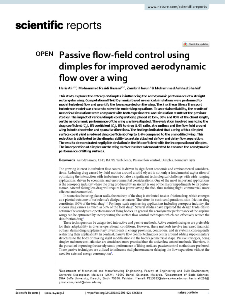 Passive Flow Field Control Using Dimples For Improved Aerodynamic Flow ...