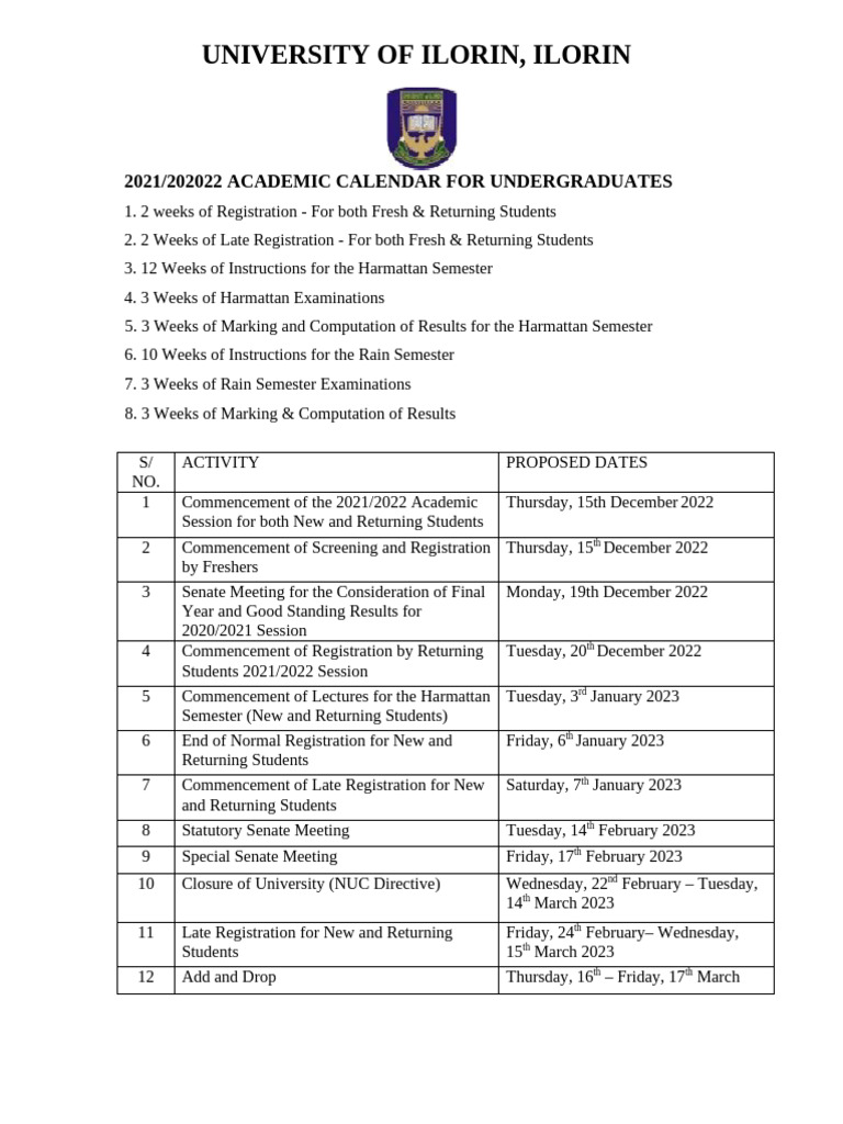 2021/2022 Ilorin University Academic Calendar | PDF | Academic Term