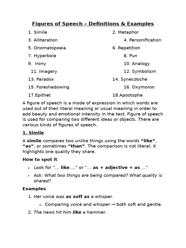 Figures of Speech: Definitions & Examples | PDF | Metaphor | Linguistics