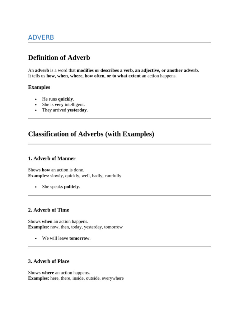 Adverb & its classifications with MCQs | PDF | Adverb | Adjective