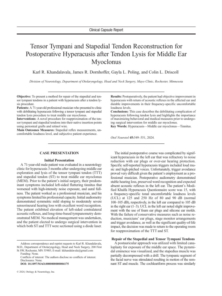 Tensor Tympani and Stapedial Tendon Reconstruction For Postoperative ...