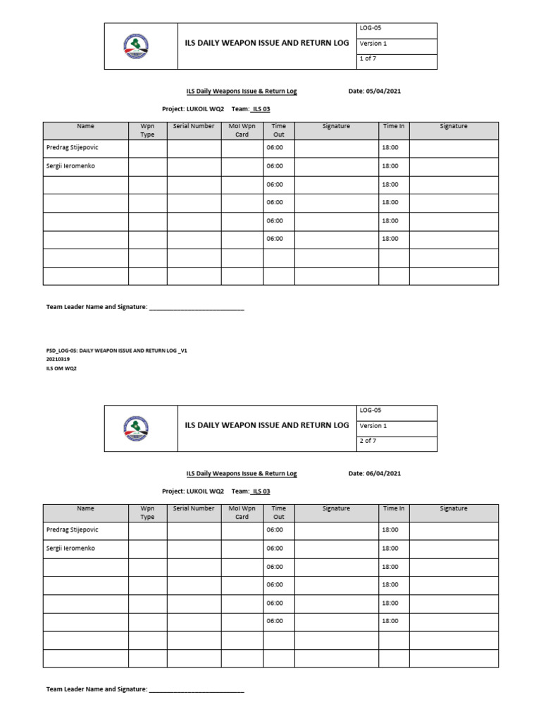 ILS LOG-05 Daily Weapons Issue & Return Log V1 BR ILS 03 20210411 | PDF