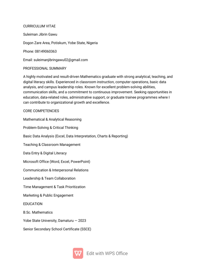 Mathematics Graduate CV - Suleiman Gawu | PDF | Curriculum | Teachers