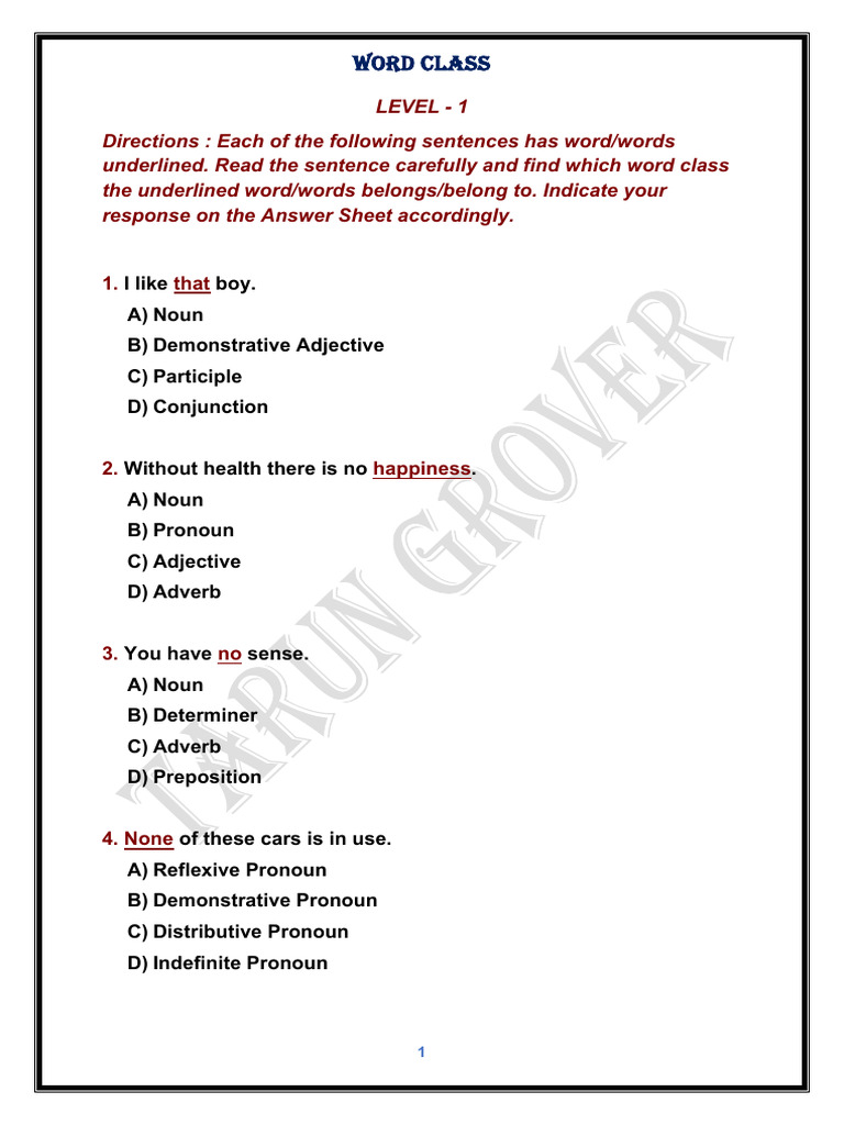 Word Class Identification Exercises | PDF | Part Of Speech | Adverb