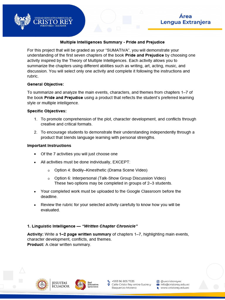 Multiple Intelligences Summary Pride and Prejudice | PDF | Human ...