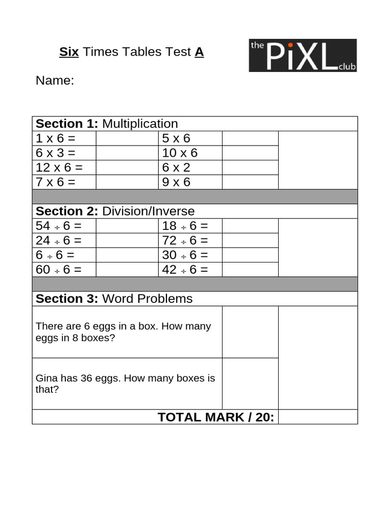 Six Times Tables Test for Students | PDF