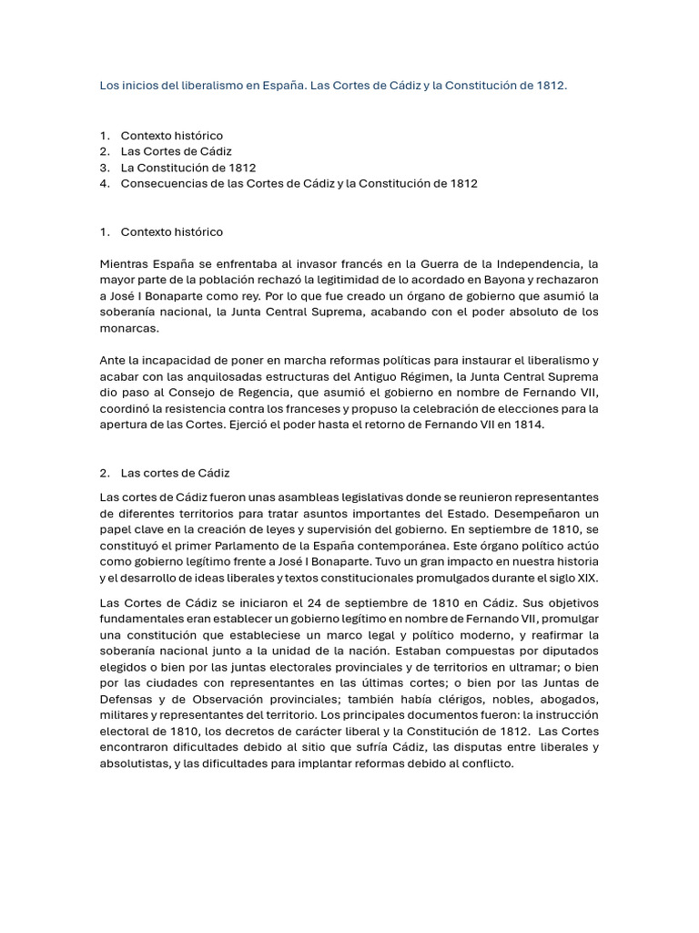 Liberalismo en España: Cortes y Constitución 1812 | PDF | Constitución ...