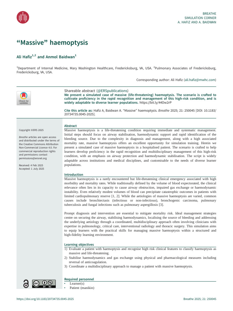 Managing Massive Haemoptysis: A Simulation Guide | PDF | Angiography ...