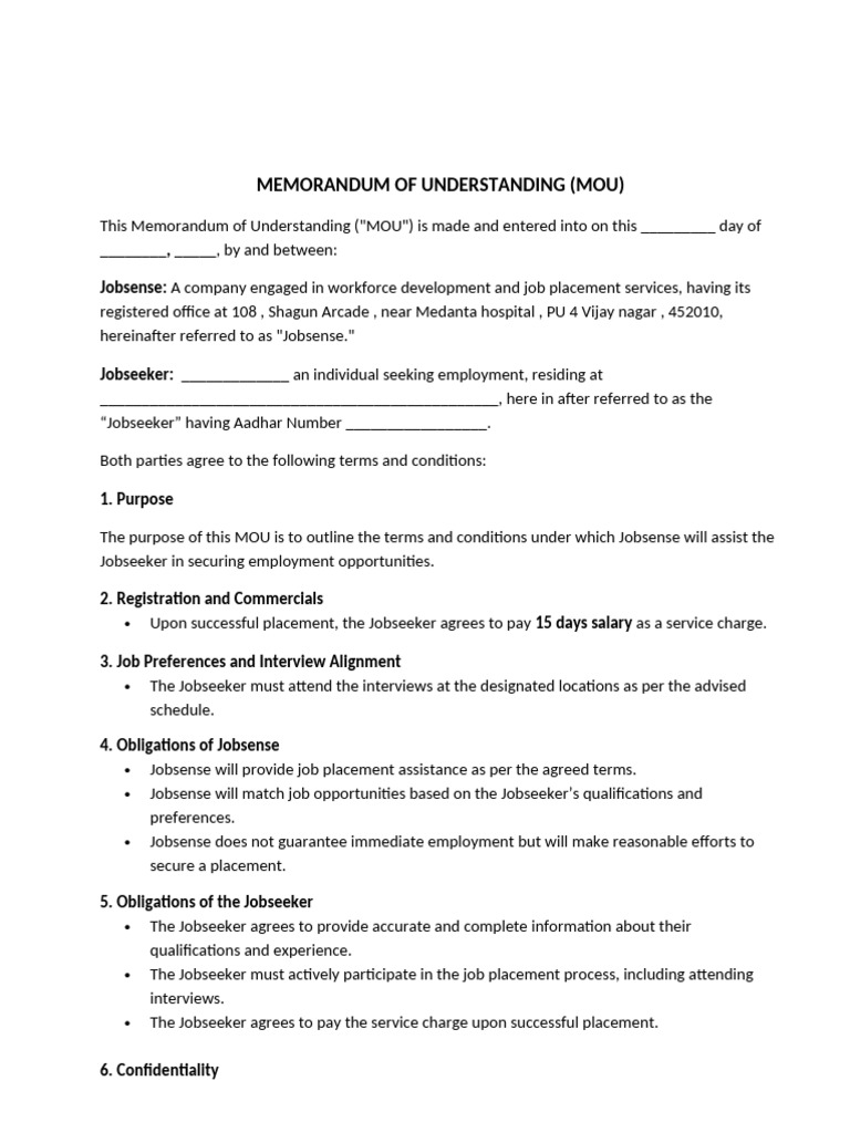 Jobsense Job Placement MOU Template | PDF | Memorandum Of Understanding ...