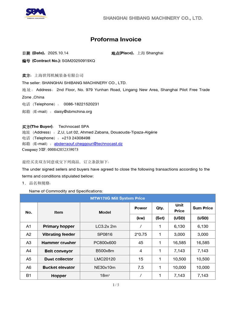 Proforma Invoice for MTW178G Mill System | PDF