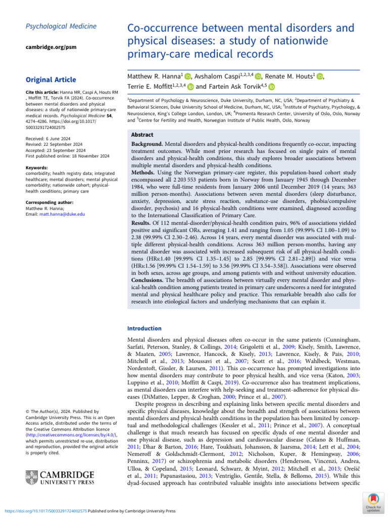 Co Occurrence Between Mental Disorders and Physical Diseases a Study of ...