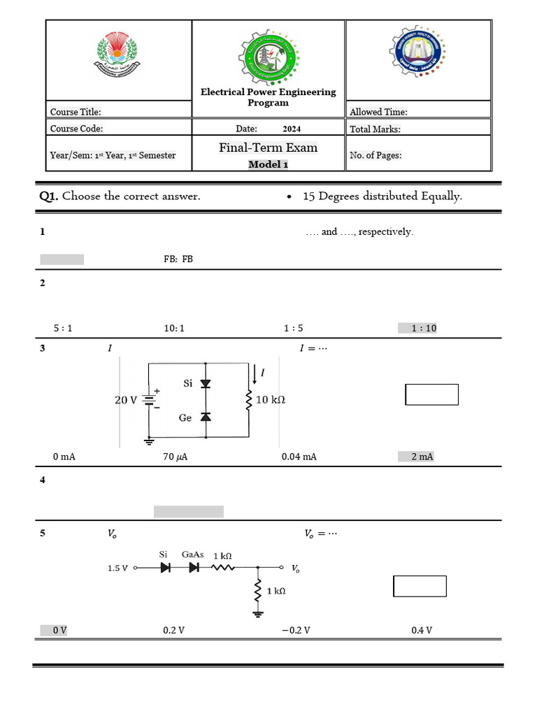 Electronic Circuits I Exam Model 1 | PDF | P–N Junction | Diode