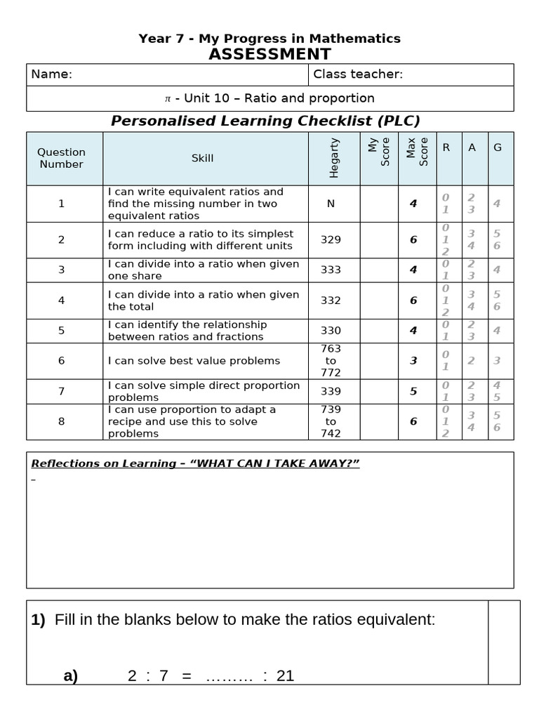 Year 7 Math Progress: Ratios & Proportions | PDF | Ratio