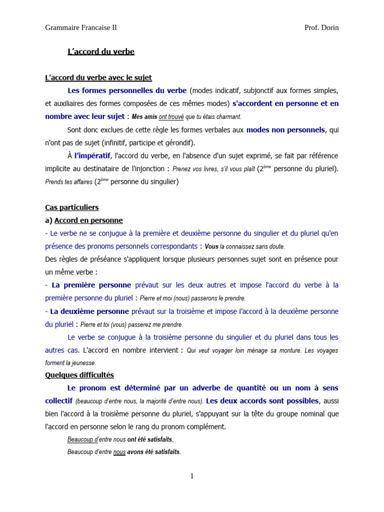 Accord du verbe et participe passé en français | PDF | Nombre ...