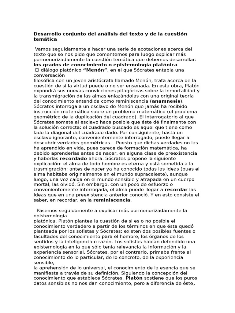 Comentario de Texto 5. Platon | PDF | Conocimiento | Platón