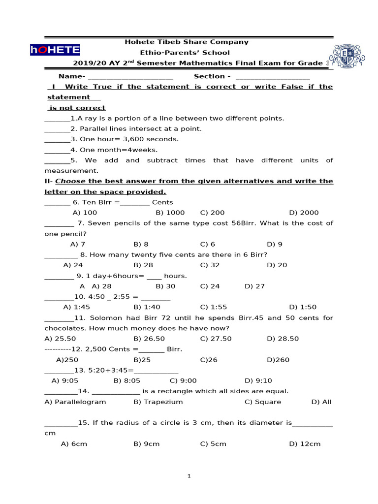 Grade 3 Math Final Exam 2019/20 | PDF | Rectangle | Circle