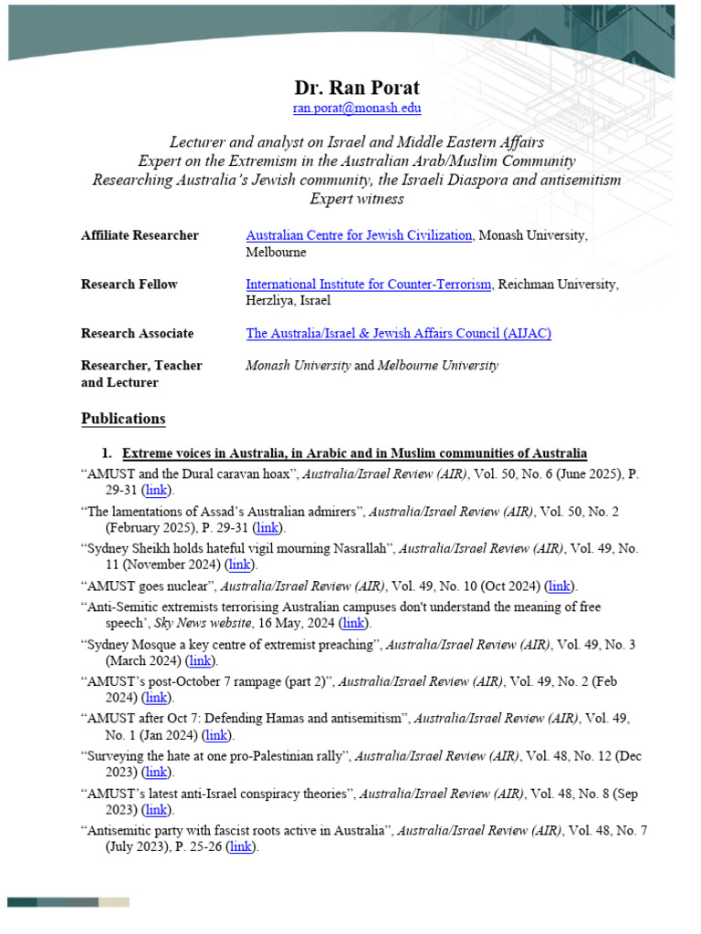 CV - Ran Porat 2025 | PDF | Benjamin Netanyahu | Gaza Strip