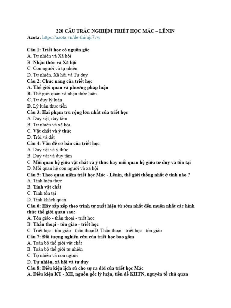 220 CÂU TRẮC NGHIỆM TRIẾT HỌC MÁC-LEENIN | PDF