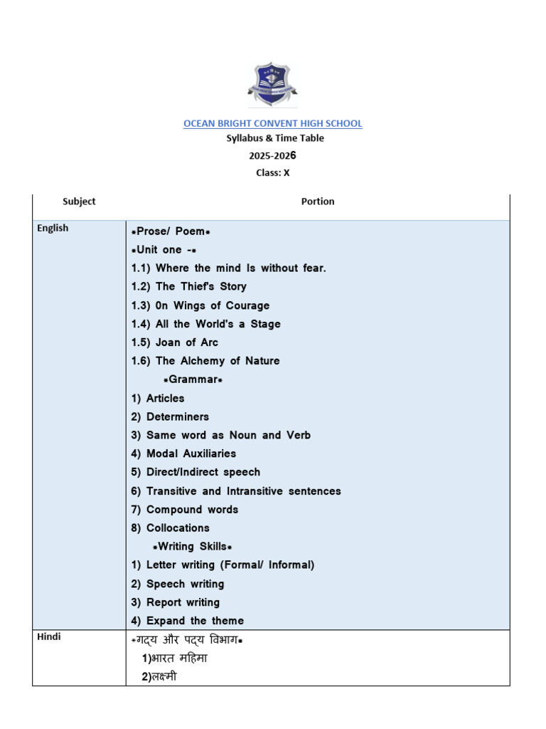 Class X Syllabus & Timetable 2025-26 | PDF | Verb | Languages