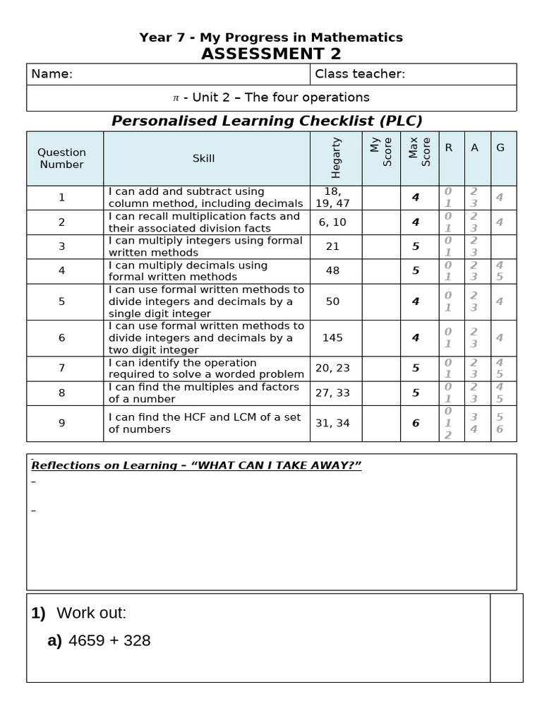 Year 7 Unit 2 - The Four Operations - Core - Assessment 2 | PDF ...