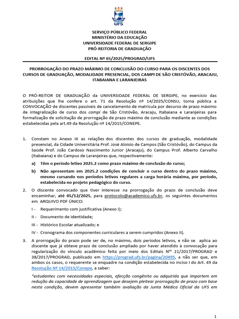 Edital n 65 2025 Prograd Prorroga o Do Prazo m Ximo de Conclus o Do Curso Para Os Alunos Dos ...