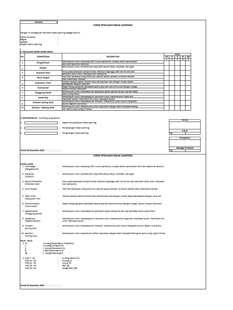 Form Penilaian Masa Learning Karyawan | PDF