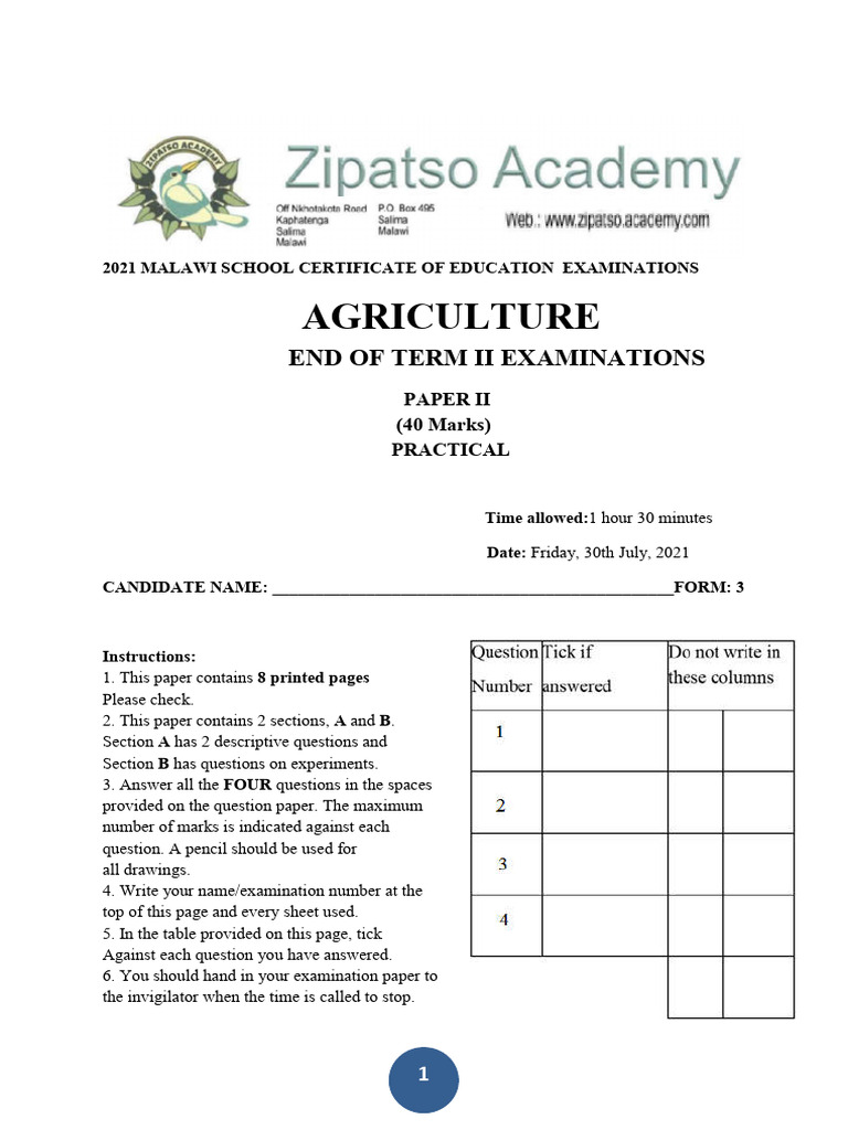 2021 Msce Agriculture Paper II - End of Term II Form 3 | PDF ...