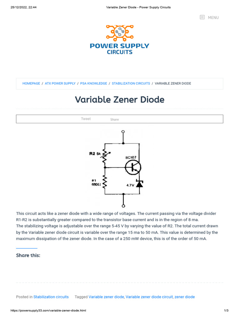Variable Zener Diode BC107 | PDF | Power Supply | Diode