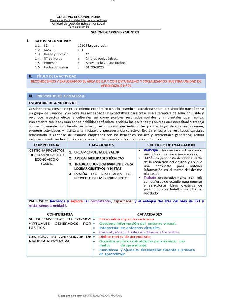 Sesión-01-Conocemos y Exploramos El Area de Ept Con Entusiasmo | PDF ...