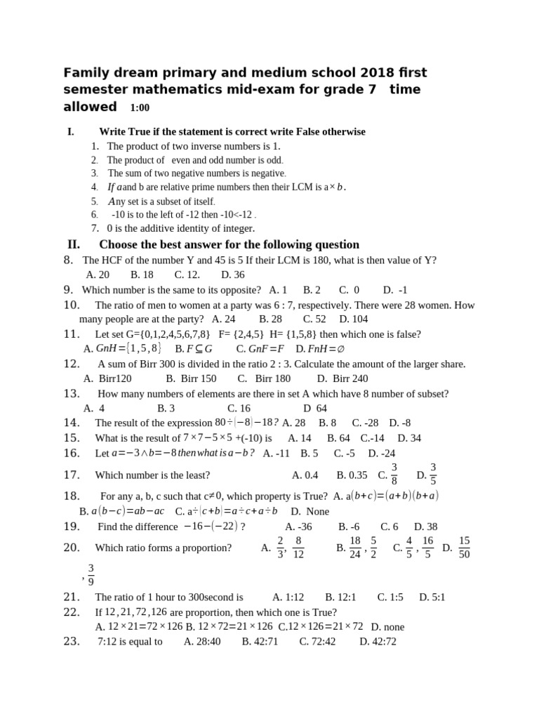 Mid-exam Grade 7 | PDF | Mathematics