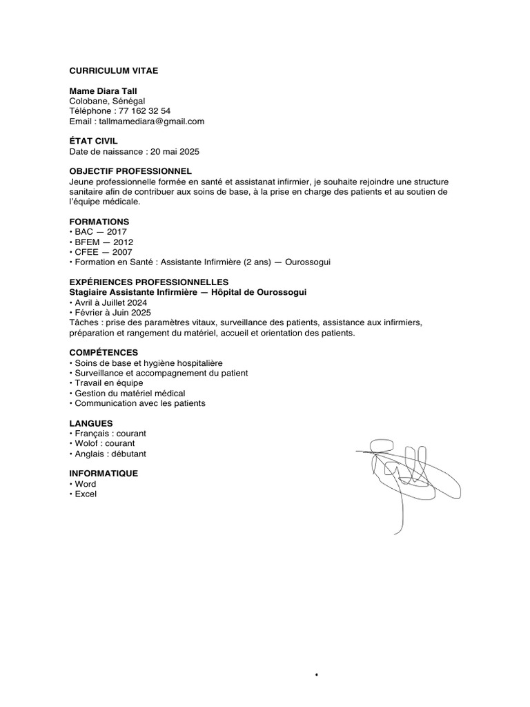 CV Mame Diara Tall - Assistante Infirmière | PDF