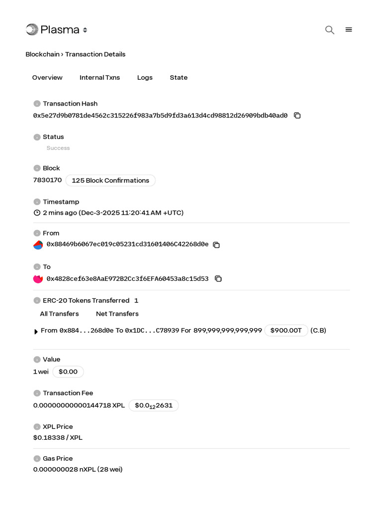Transaction Details - Plasma Network (XPL) Blockchain Explorer | PDF
