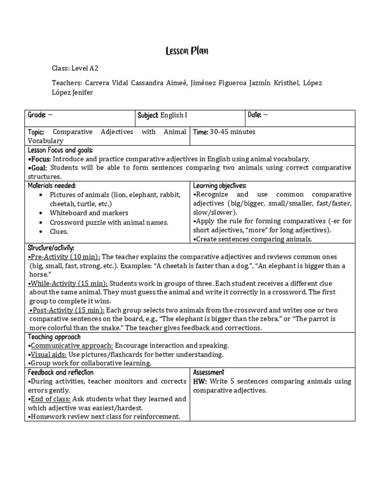 A2 Lesson Plan: Comparative Adjectives | PDF