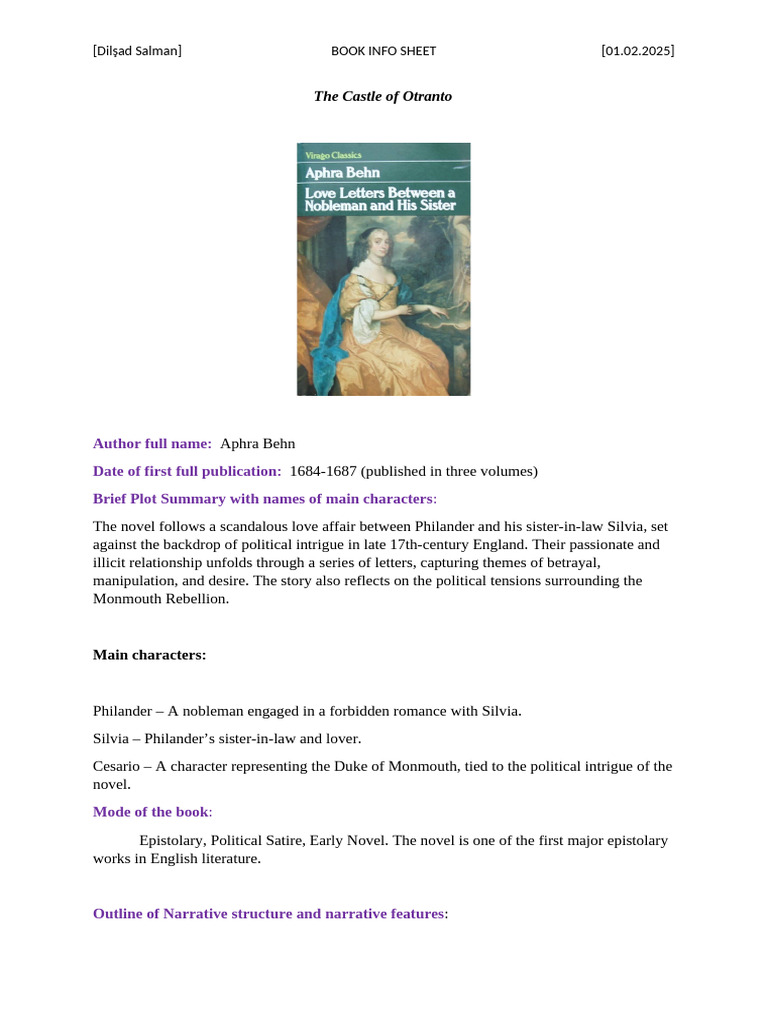 Book Info Sheet Aphra Behn | PDF