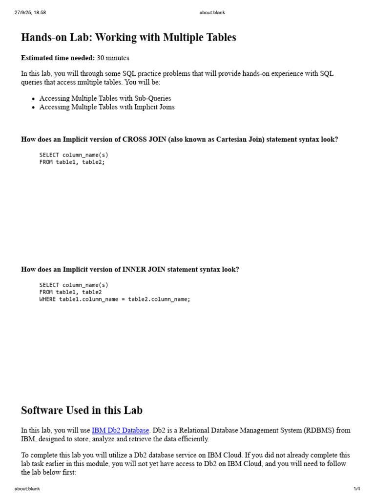SQL Lab: Accessing Multiple Tables | PDF | Ibm Db2 | Databases