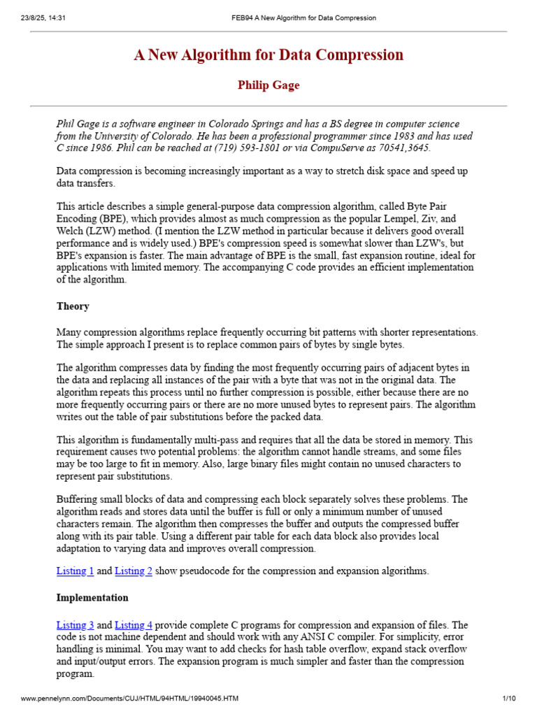 A New Algorithm for Data Compression | PDF | Data Compression | Algorithms